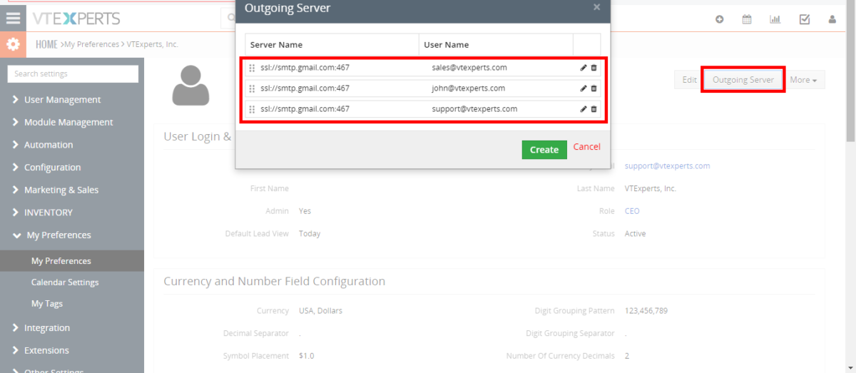 Individual Outgoing Email Server - VTiger Experts
