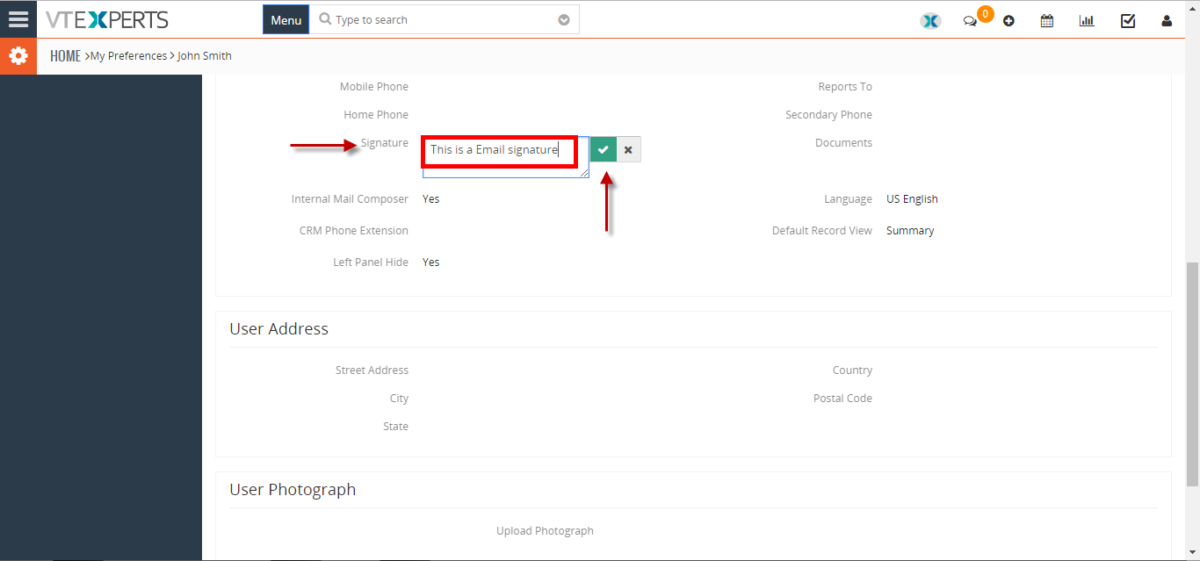 Where To Setup Email Signature In VTiger 7 - VTiger Experts